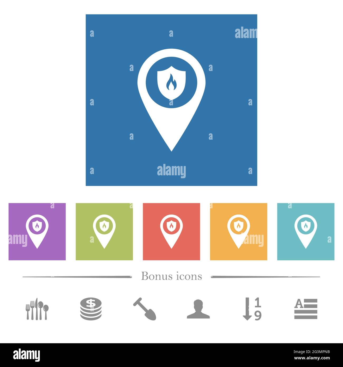 Fire station GPS map location flat white icons in square backgrounds. 6 ...