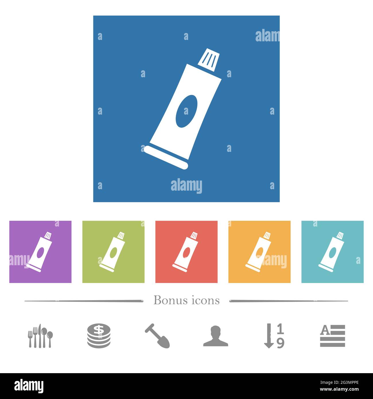 Toothpaste tube flat white icons in square backgrounds. 6 bonus icons ...