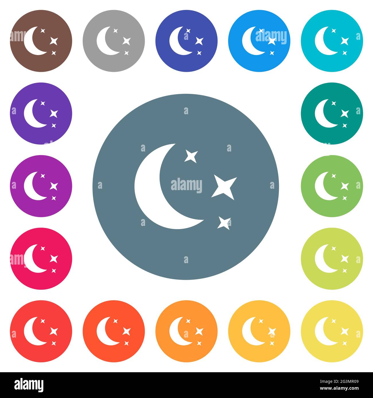 Moonlit night flat white icons on round color backgrounds. 17 ...