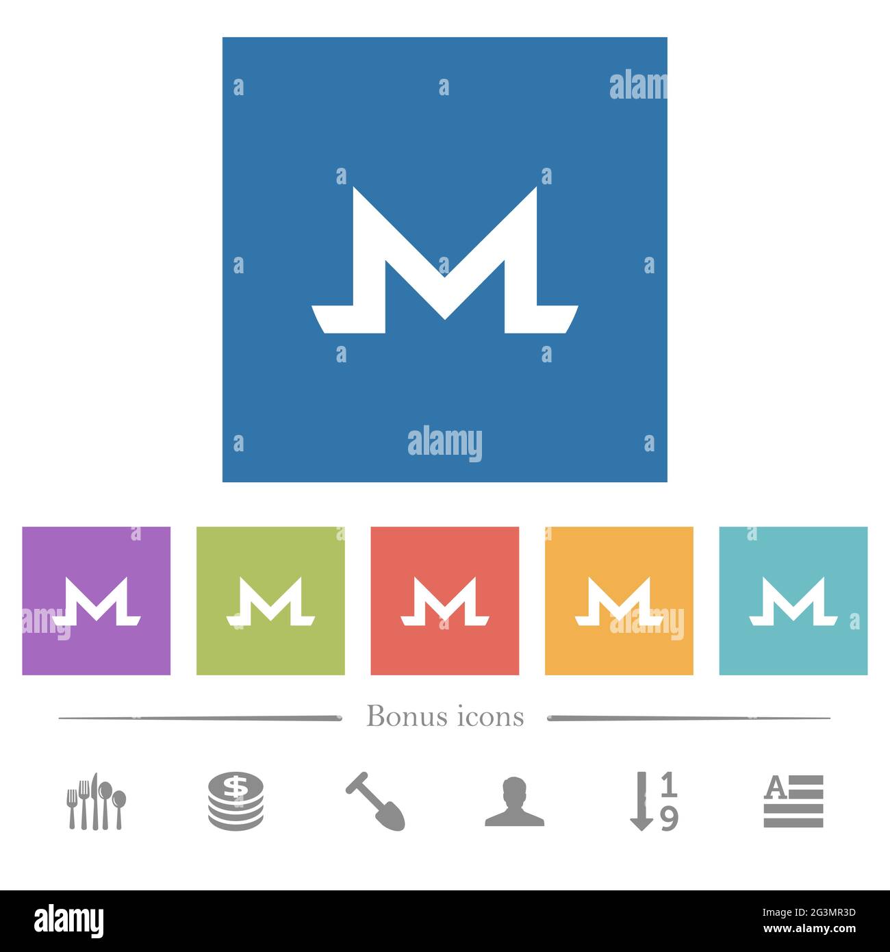 Monero digital cryptocurrency flat white icons in square backgrounds. 6 ...
