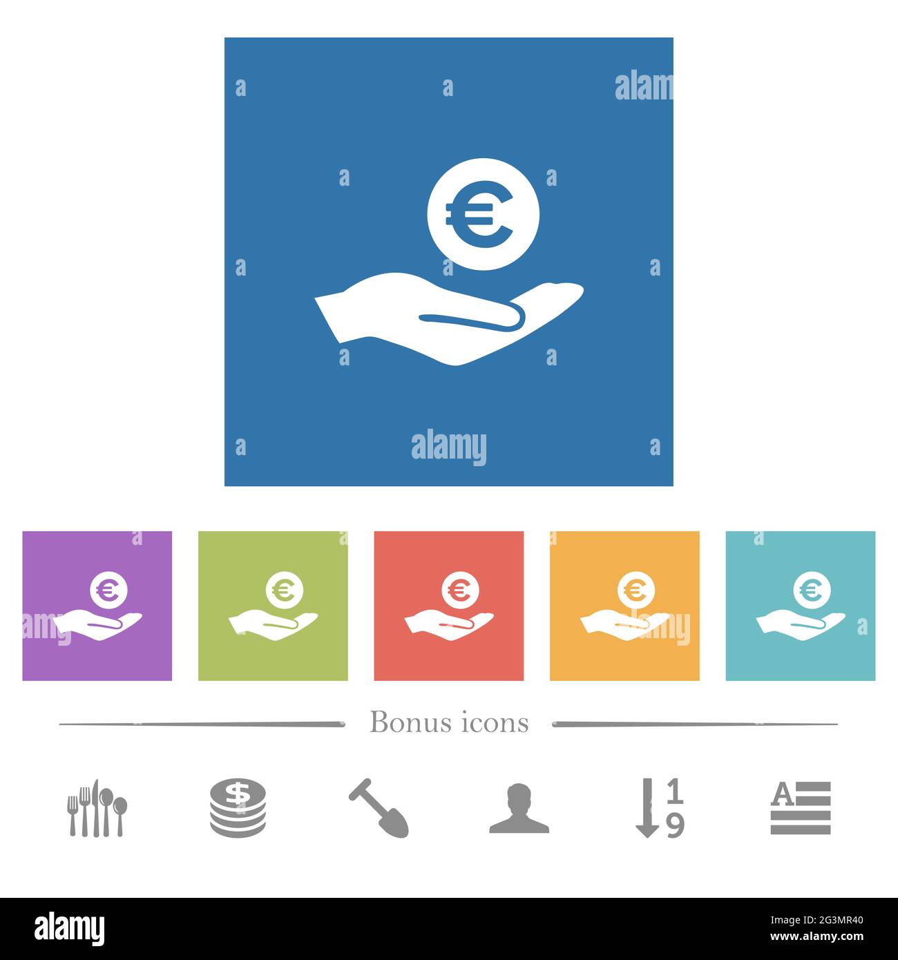 Euro earnings flat white icons in square backgrounds. 6 bonus icons ...