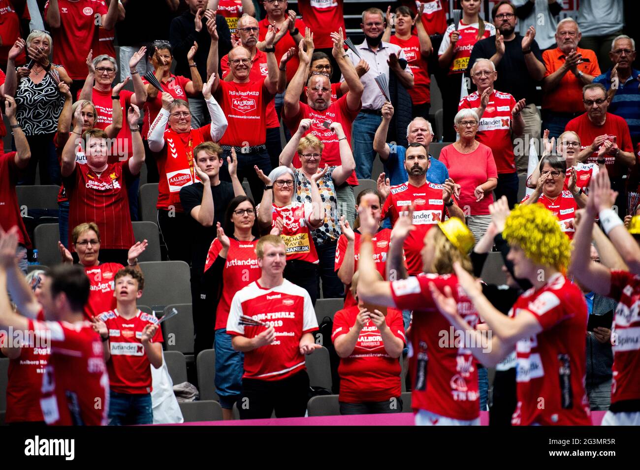 Aalborg, Denmark. 16th June, 2021. Handball fans of Aalborg Handball ...