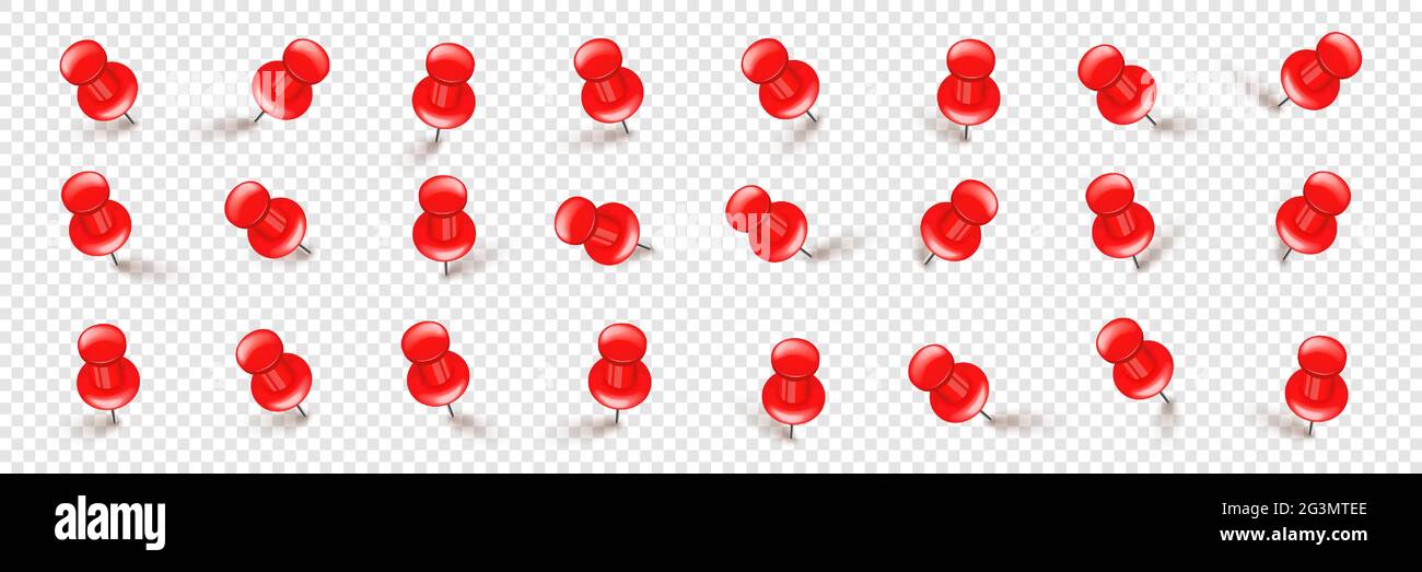 Realistic red push pins. Board tacks isolated on transparent background ...