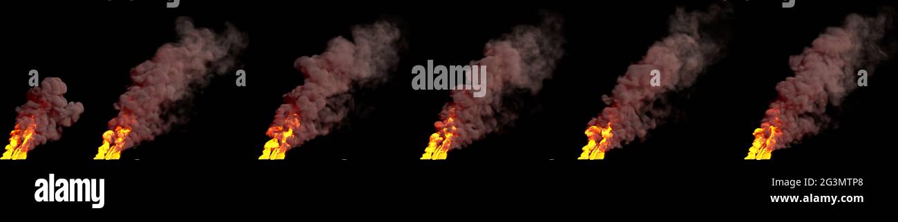 flames, column of smoke on black isolated - digital industrial 3D ...