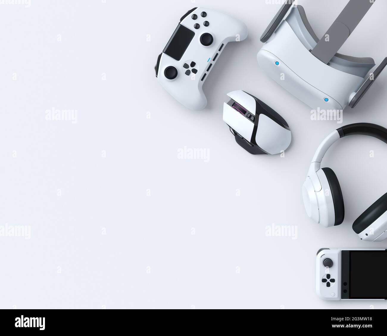 Top view of gamer gears like mouse, keyboard, joystick, VR glasses ...