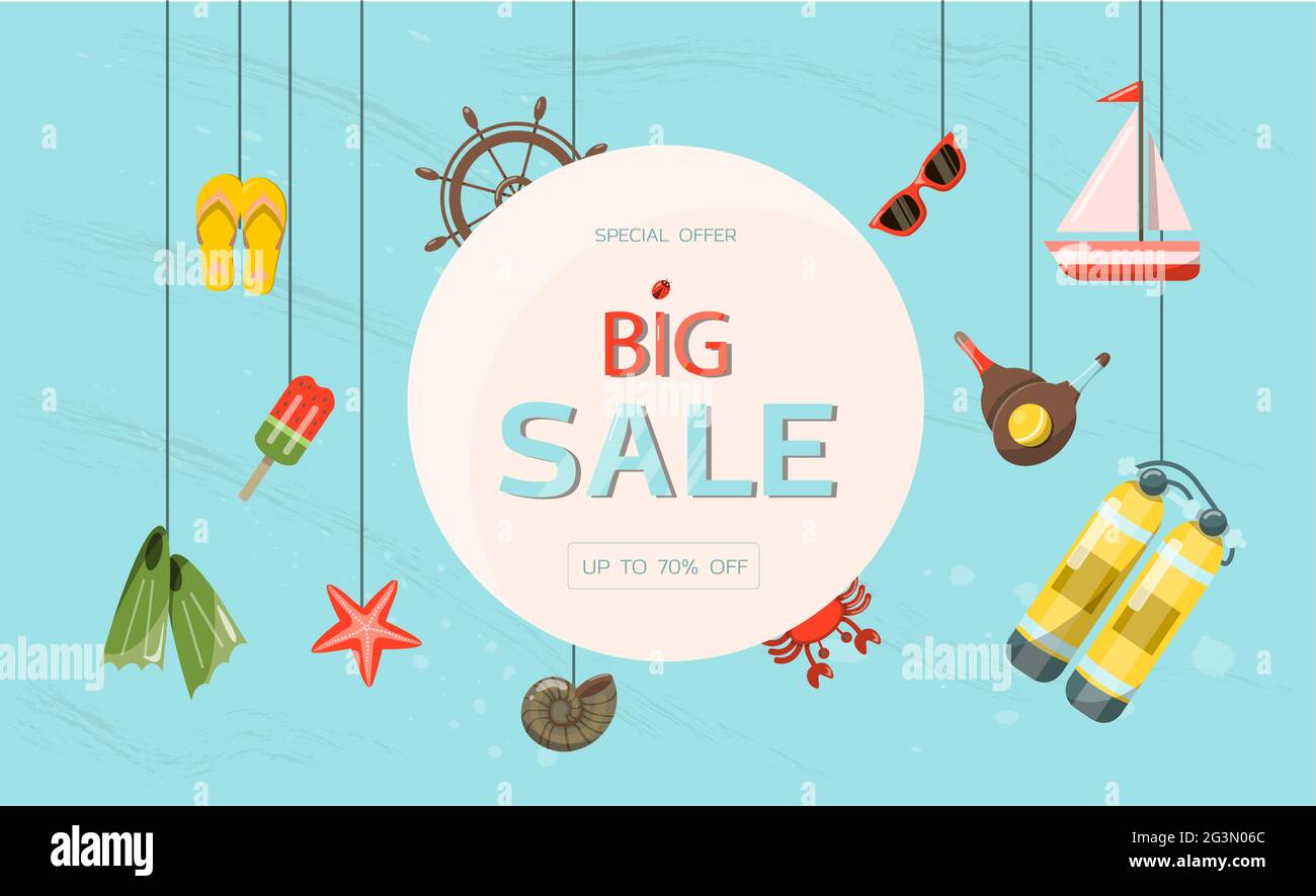 Vector banner for the summer sale. A bright flat illustration of the ...