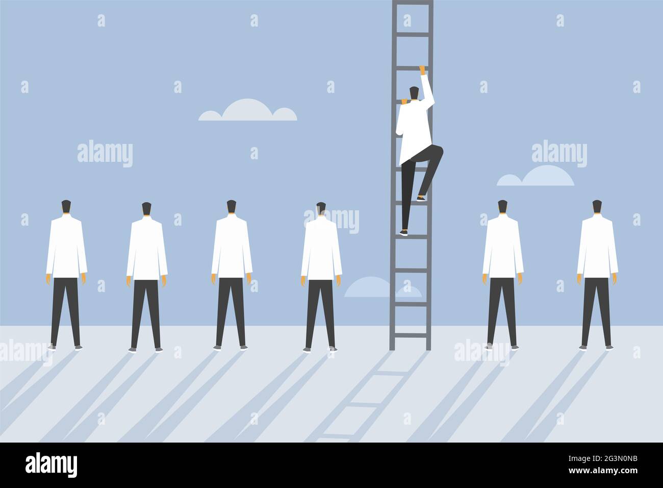 Conceptual illustration of one person climbing up a ladder white others ...