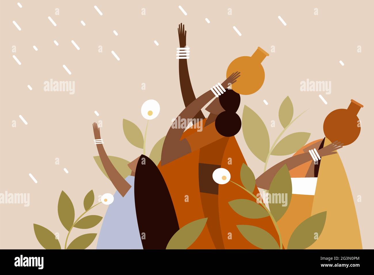 Illustration of Indian rural women receiving the rain in the outdoor ...