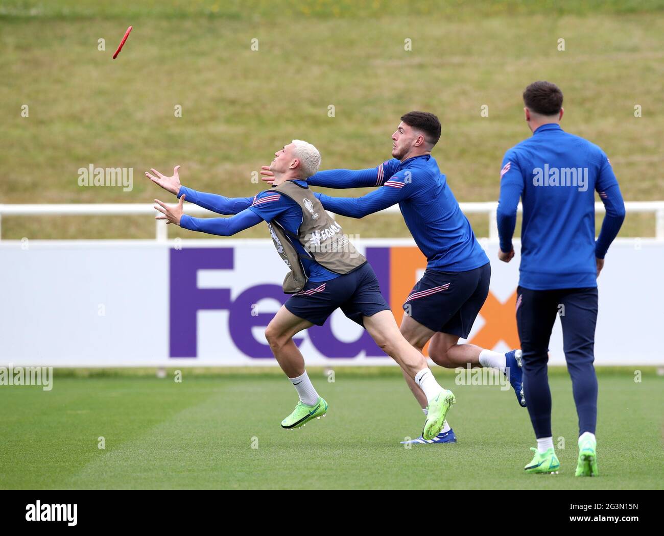 England's Phil Foden and Declan Rice during the training session at St ...