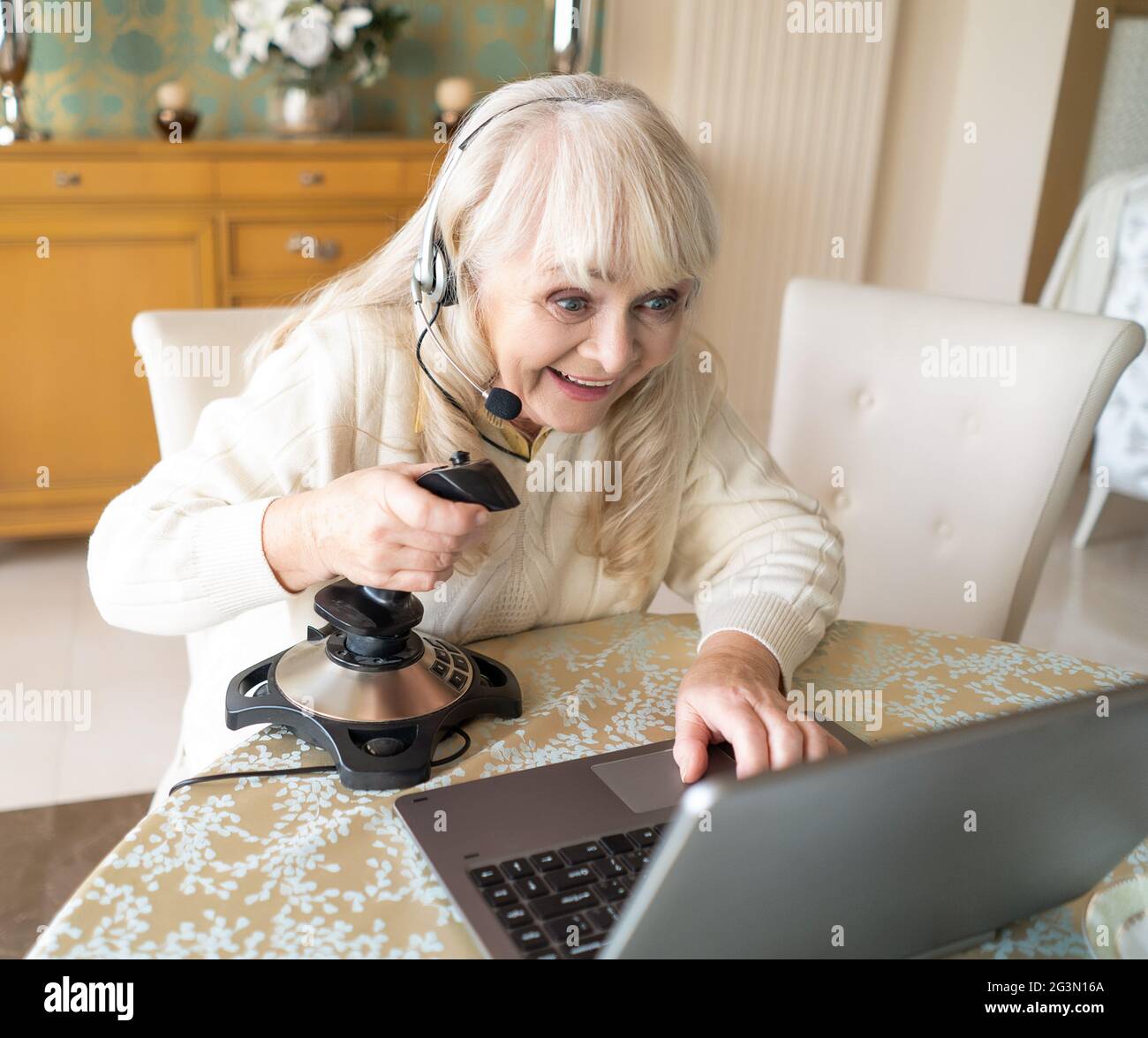 Senior woman plays video games with joystick on a laptop Stock Photo ...