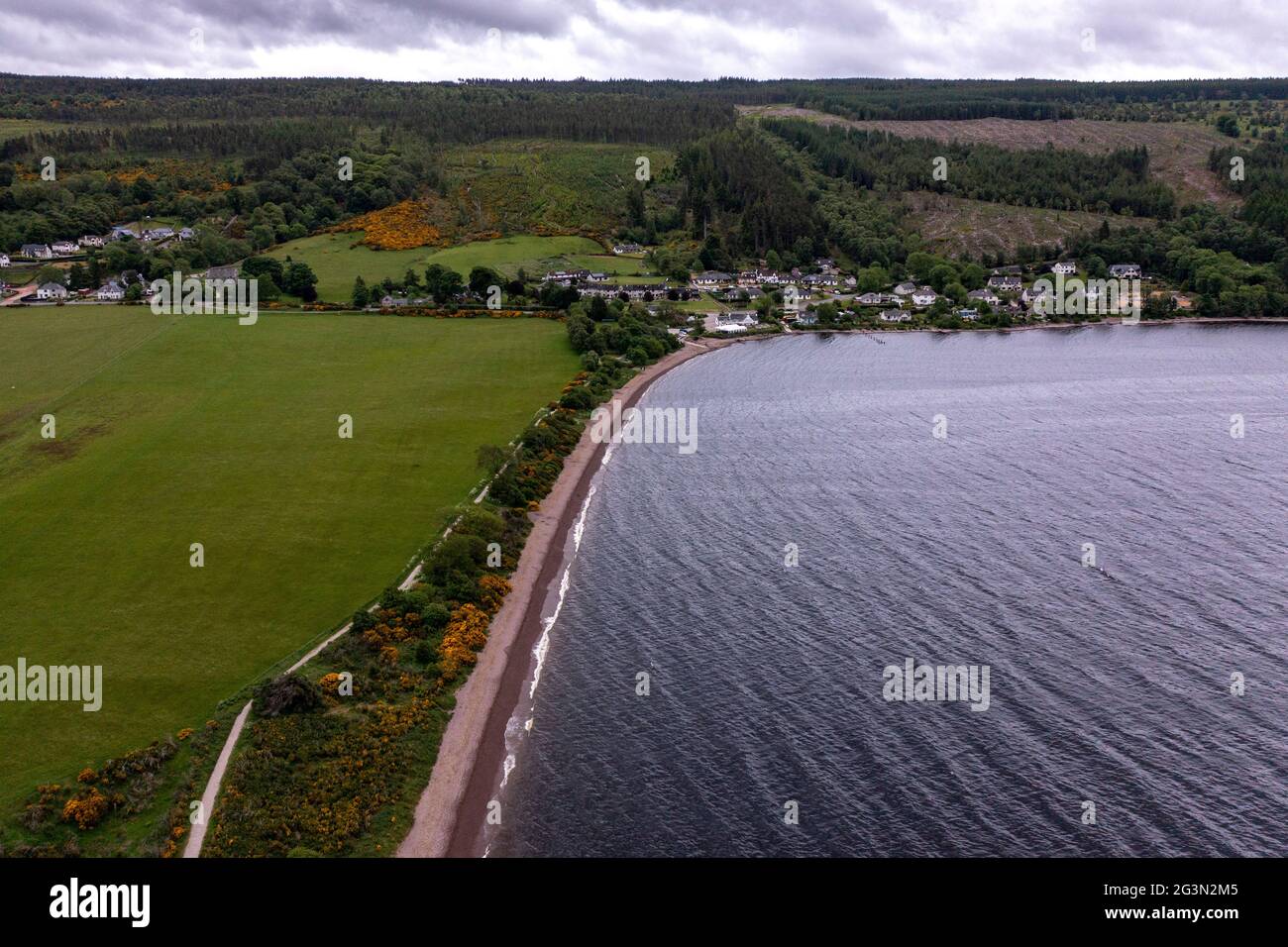 Dores, Loch Ness, Scotland, UK. 13 June 2021. Pictured: Drone aerial ...