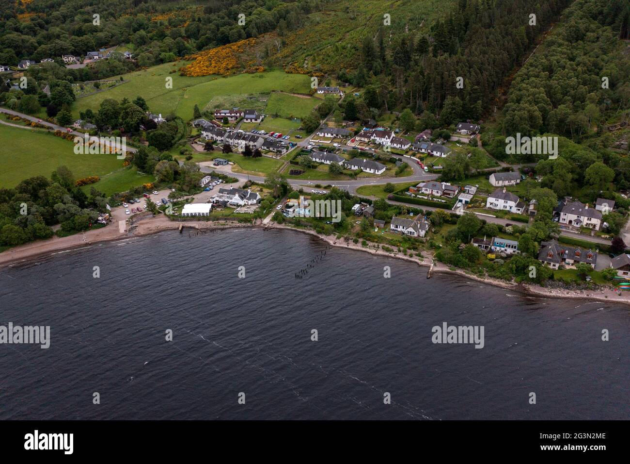 Dores, Loch Ness, Scotland, UK. 13 June 2021. Pictured: Drone aerial ...