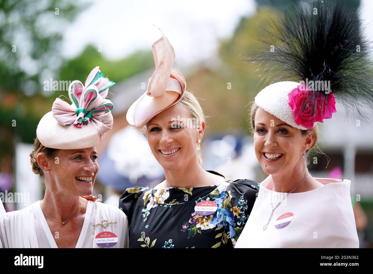 Zara Tindall (centre), Dolly Maude and Chanelle McCoy (right) arrive ...