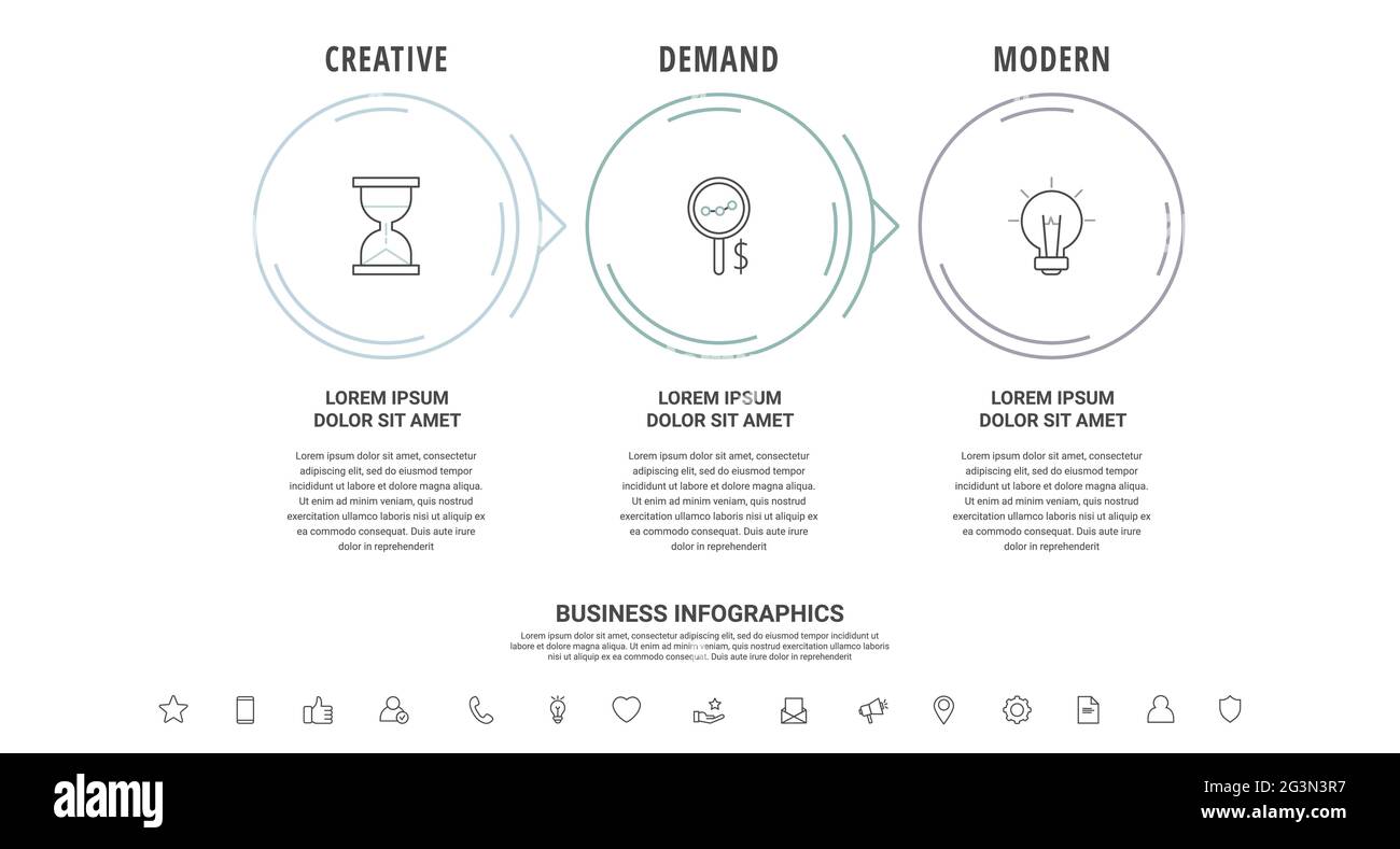 Thin line vector infographics with three circles and arrows. Timeline ...