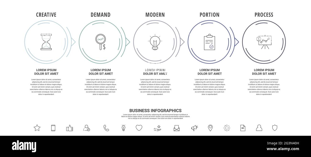 Thin line vector infographics with five circles and arrows. Timeline template with 5 steps for ...