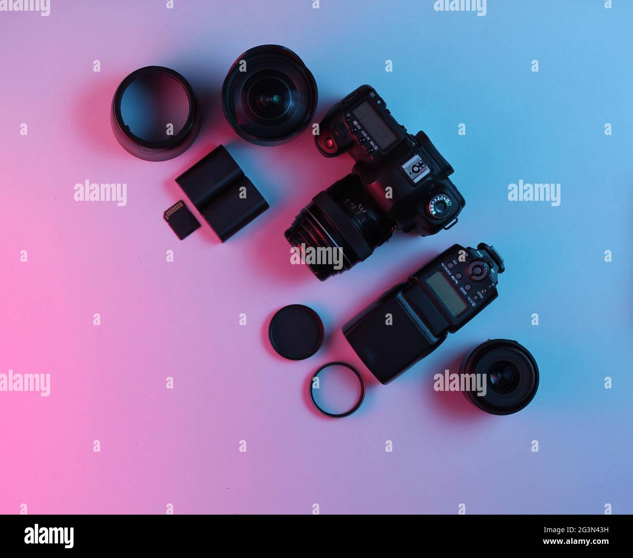Equipment professional photographer. Camera, lenses, flashes, light ...