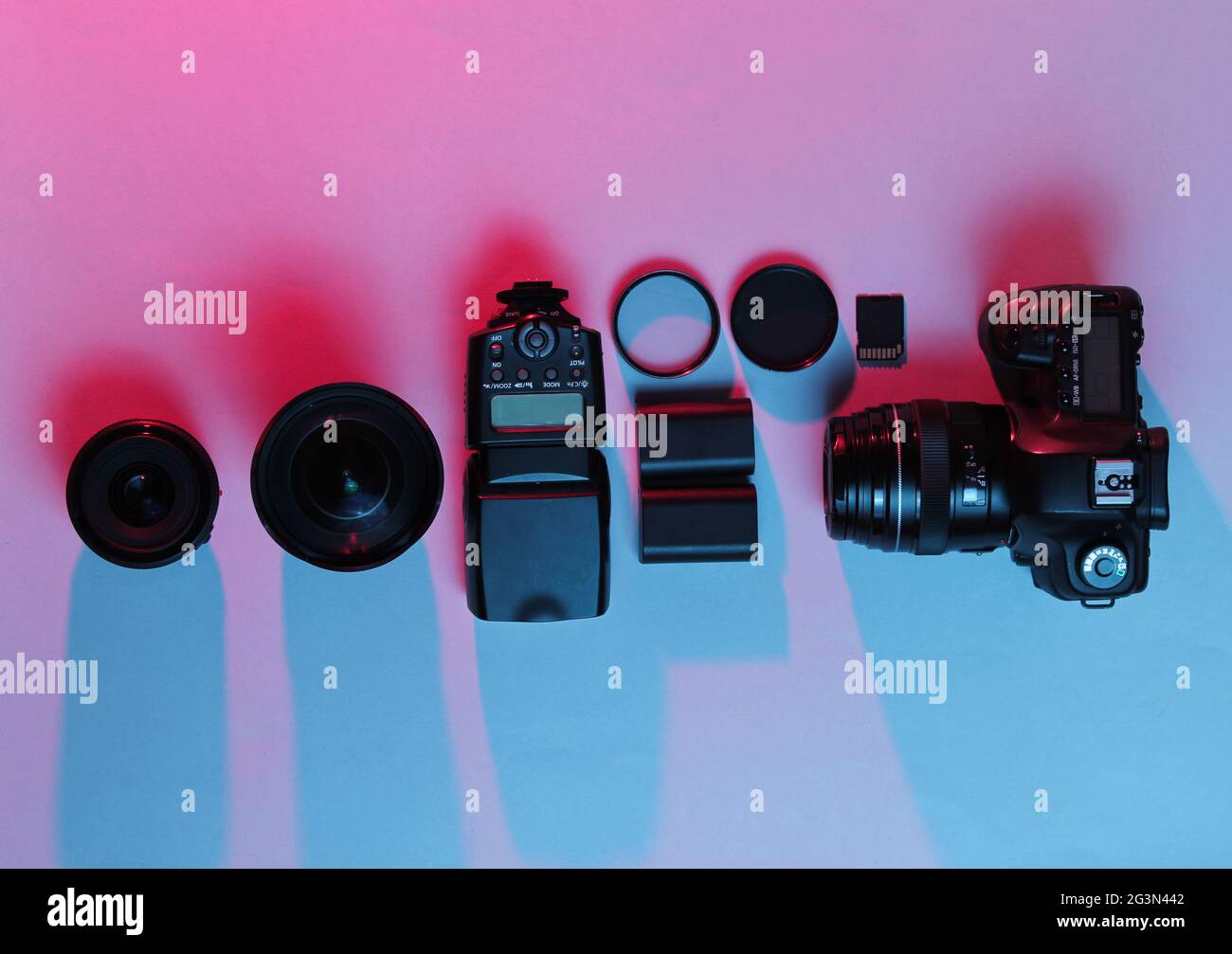 Equipment professional photographer. Camera, lenses, flashes, light ...