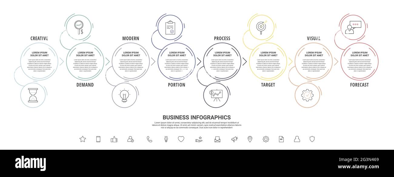 Thin line vector infographics with eight and arrows. Timeline template ...