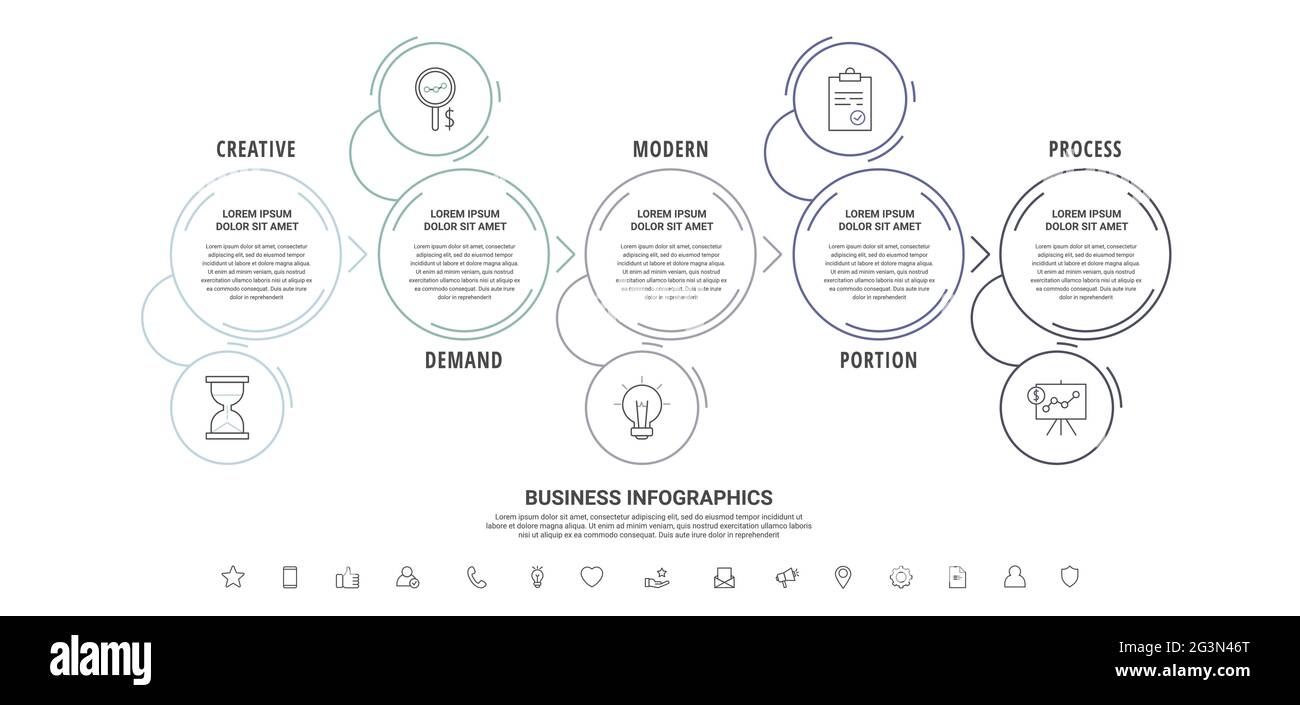 Thin line vector infographics with five circles and arrows. Timeline template with 5 steps for ...