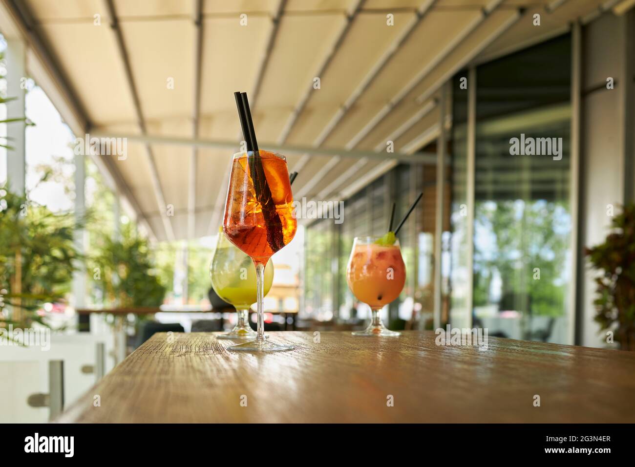 Refreshing cocktails in an open bar terrace Stock Photo - Alamy