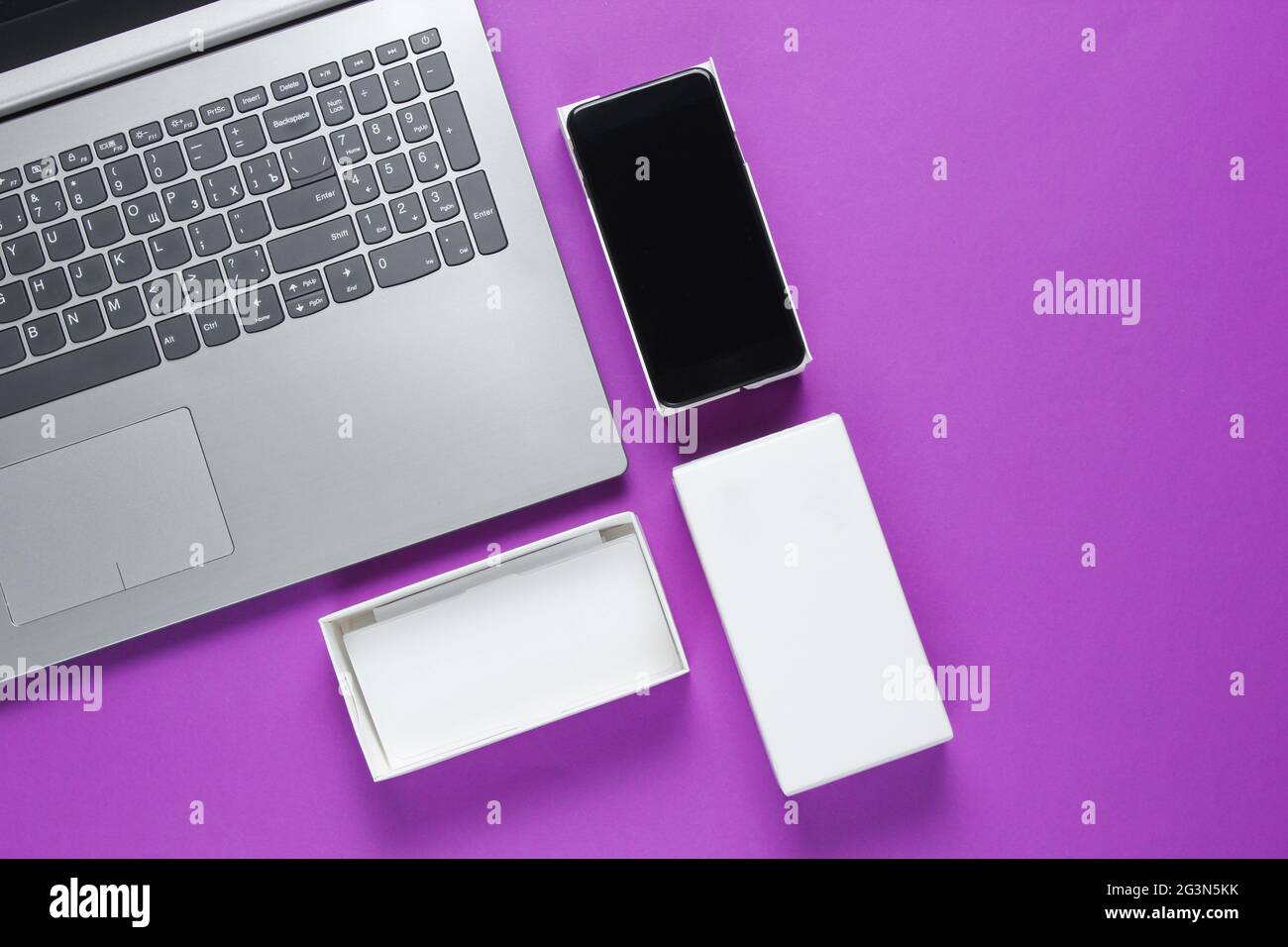 The concept of unboxing, techno blogging. Box with new smartphone ...