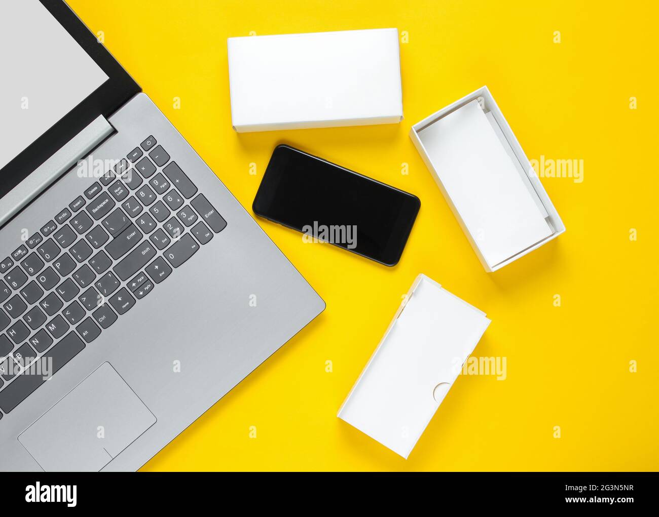 The concept of unboxing, techno blogging. Box with a new smartphone ...