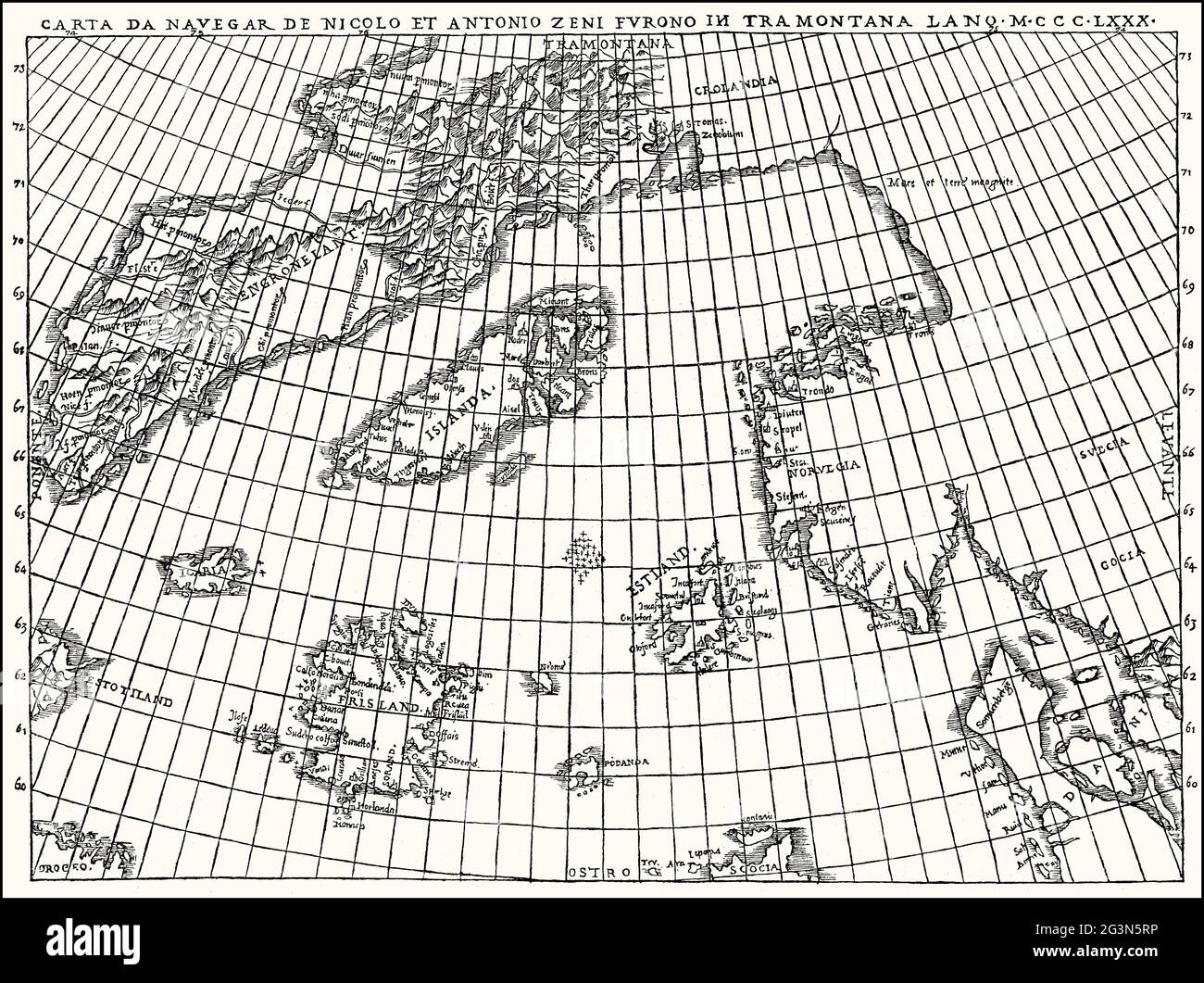 Facsimlile of the Zeno map by the Zeno brothers, Nicolò and Antonio ...