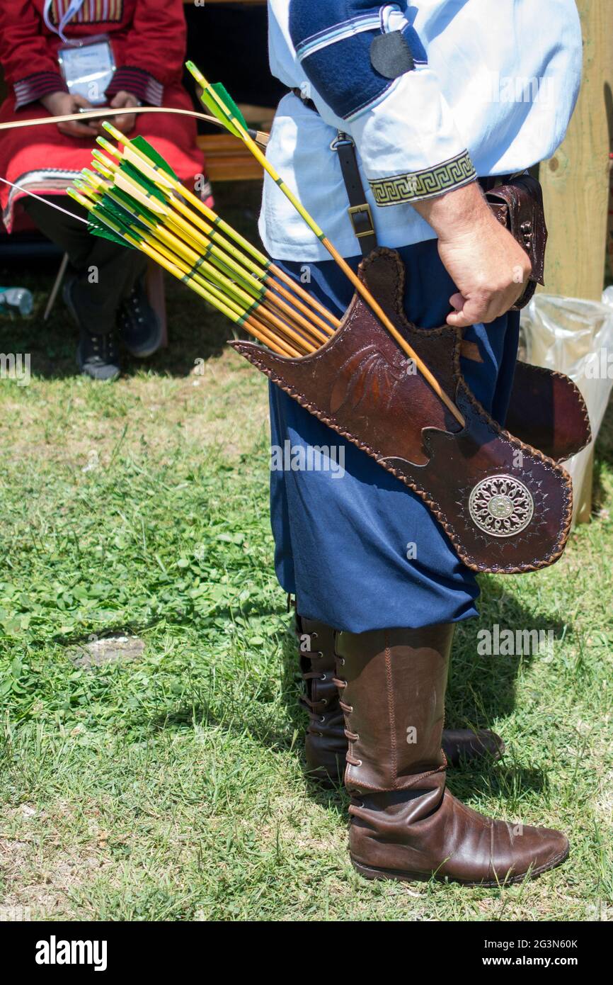 Old style wooden arrows in the case Stock Photo - Alamy