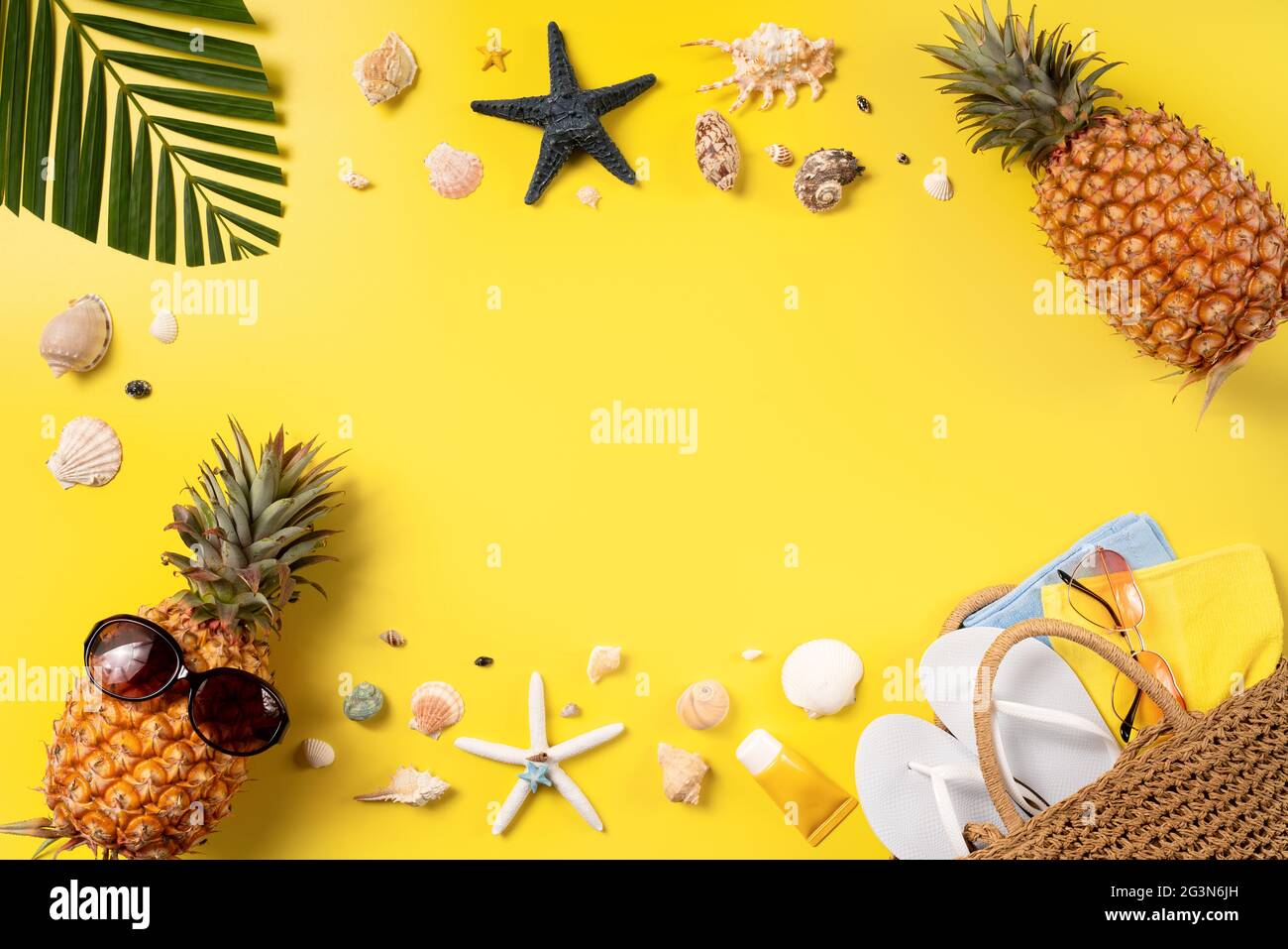 Summer fruit background design concept. Top view of holiday travel ...