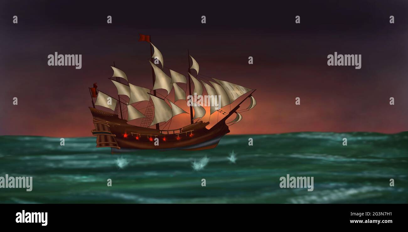 two ships fighting at sea at night Stock Photo - Alamy