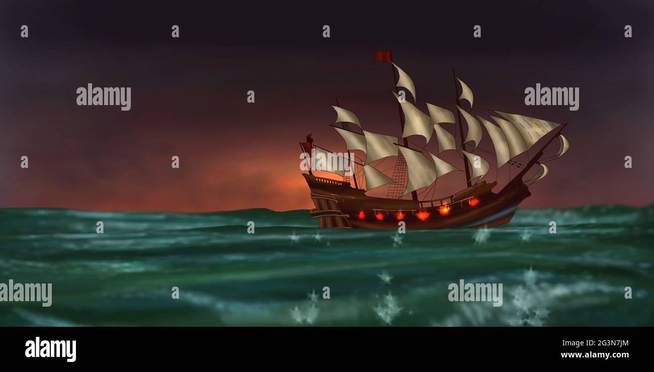 two ships fighting at sea at night Stock Photo - Alamy