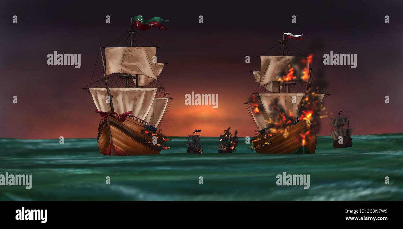 two ships fighting at sea at night Stock Photo - Alamy