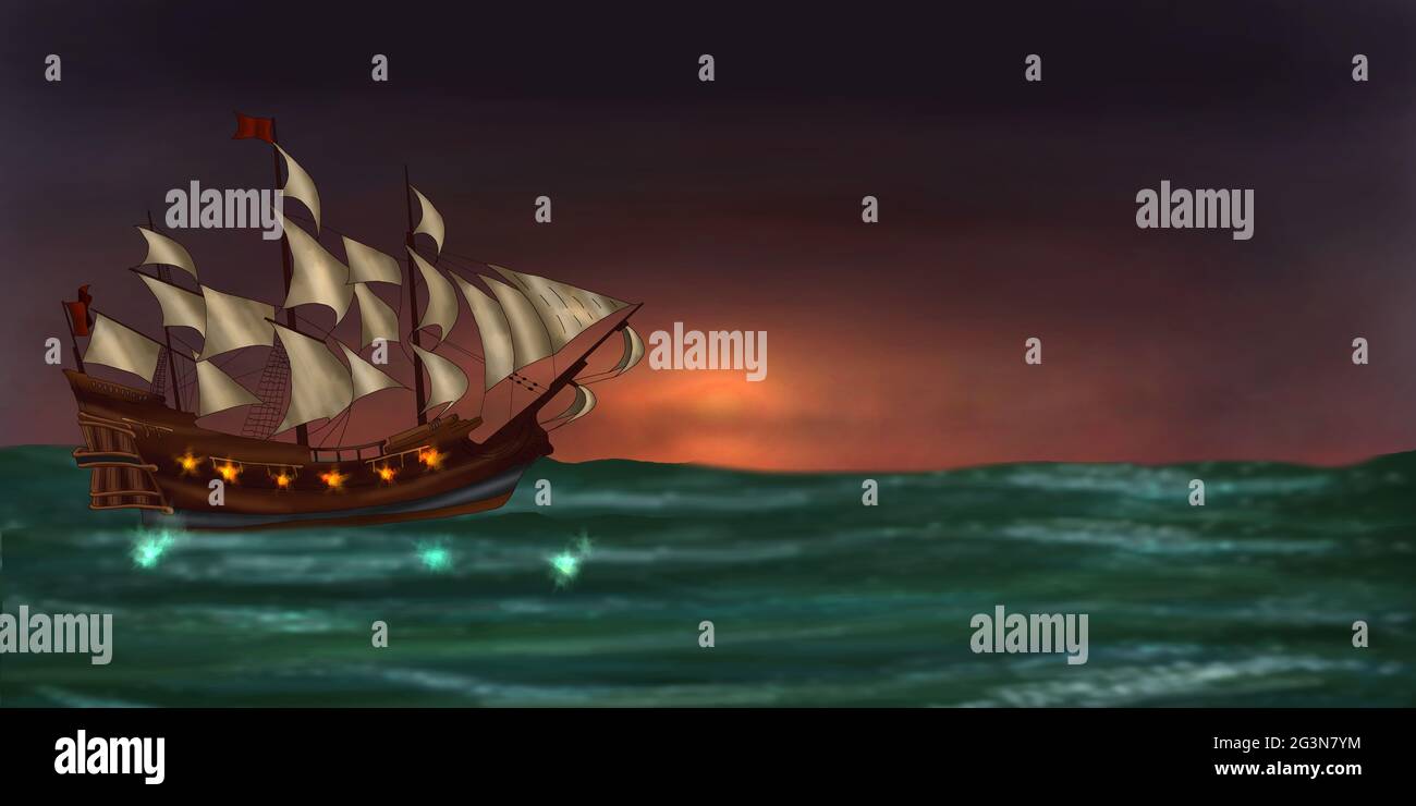 two ships fighting at sea at night Stock Photo - Alamy