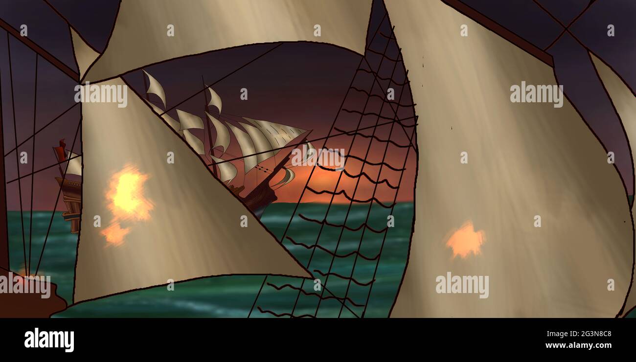 ships attacking each other in the sea at night Stock Photo - Alamy