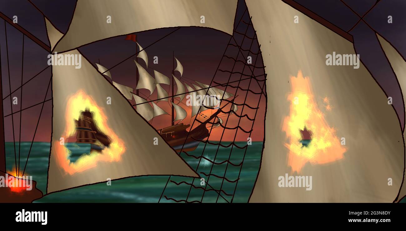 ships attacking each other in the sea at night Stock Photo - Alamy