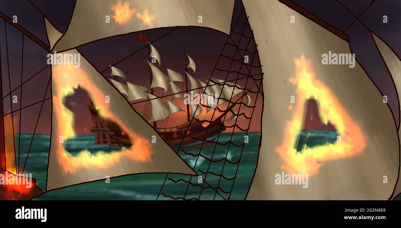 ships attacking each other in the sea at night Stock Photo - Alamy