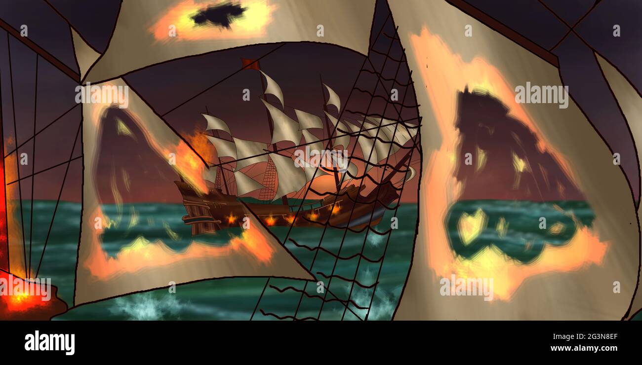 ships attacking each other in the sea at night Stock Photo - Alamy