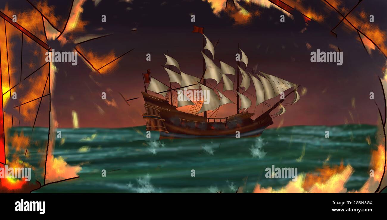 ships attacking each other in the sea at night Stock Photo - Alamy