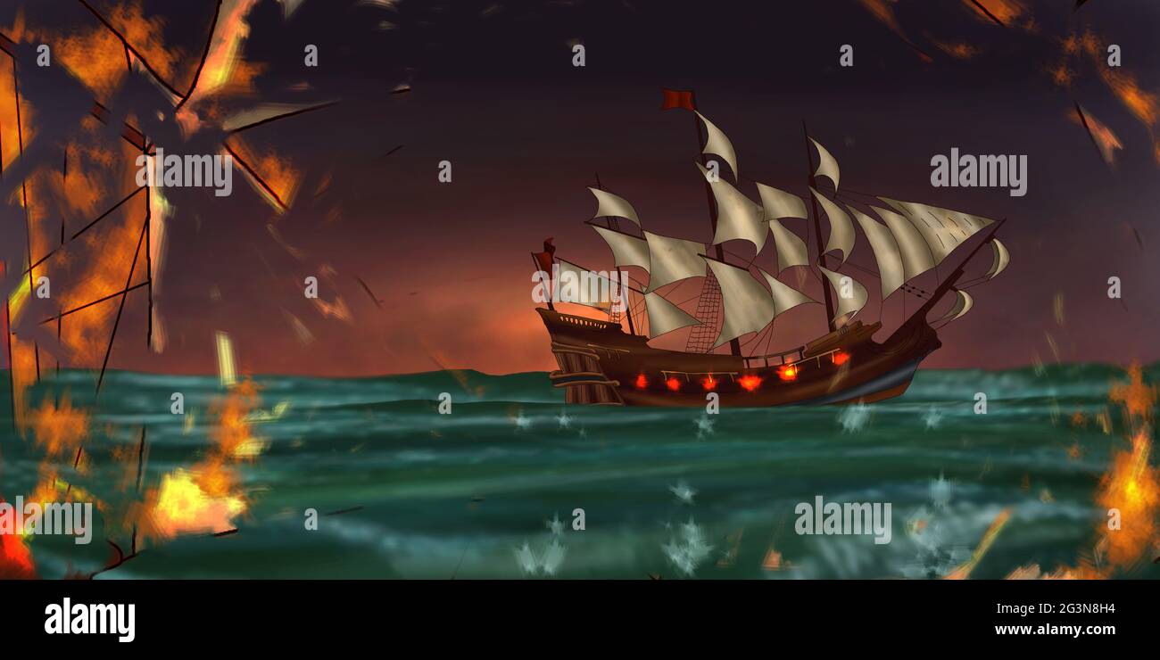 ships attacking each other in the sea at night Stock Photo - Alamy