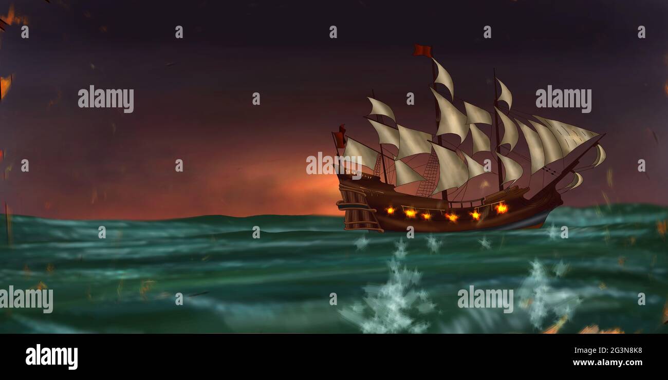 ships attacking each other in the sea at night Stock Photo - Alamy