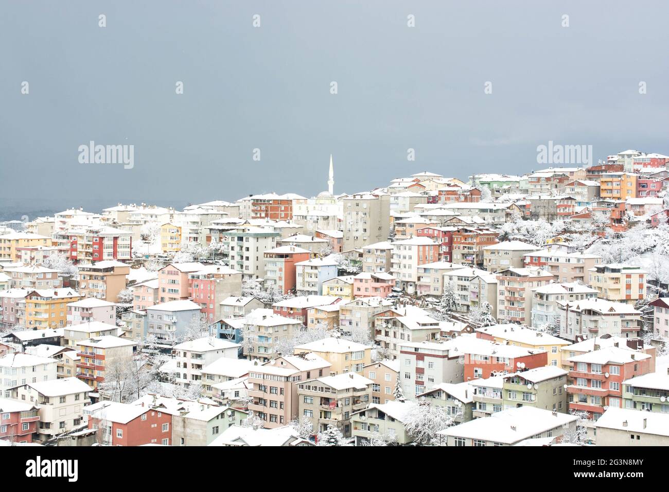 A winter view from the city of Istanbul with houses covered with snow ...