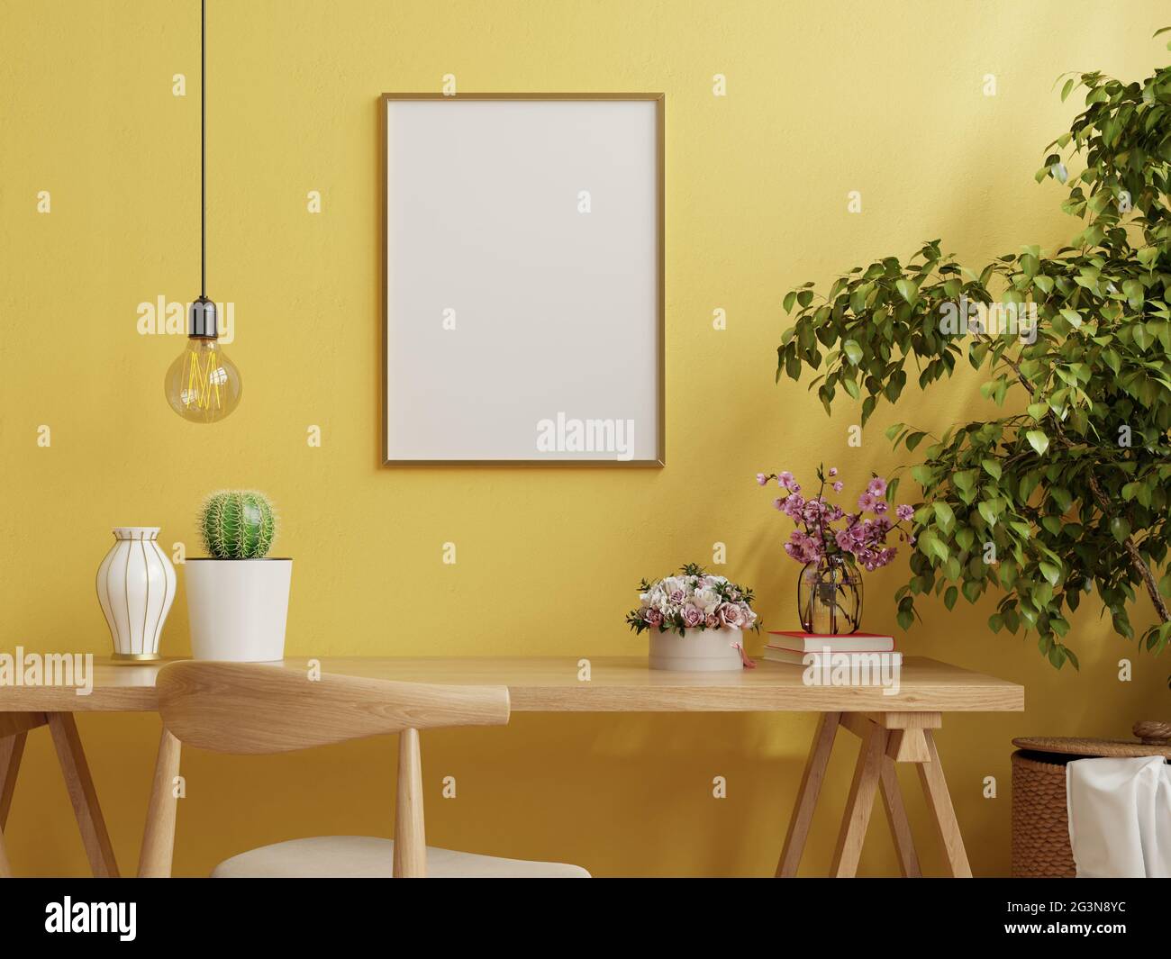 Mockup frame on work table in living room interior on empty yellow wall ...