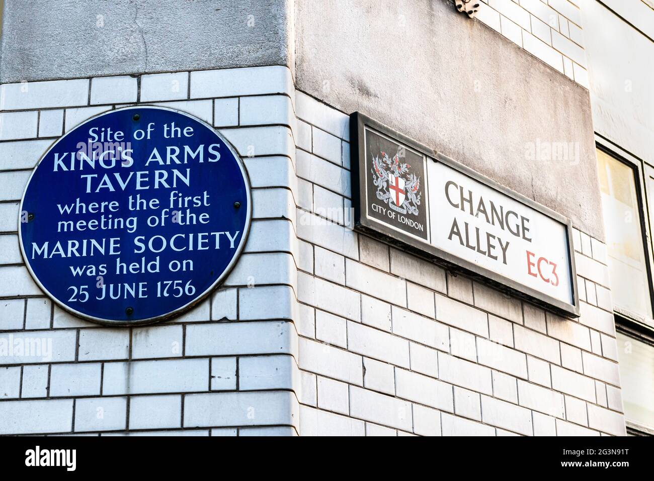 London Street name sign Change Alley, EC3, showing a sign for the site ...