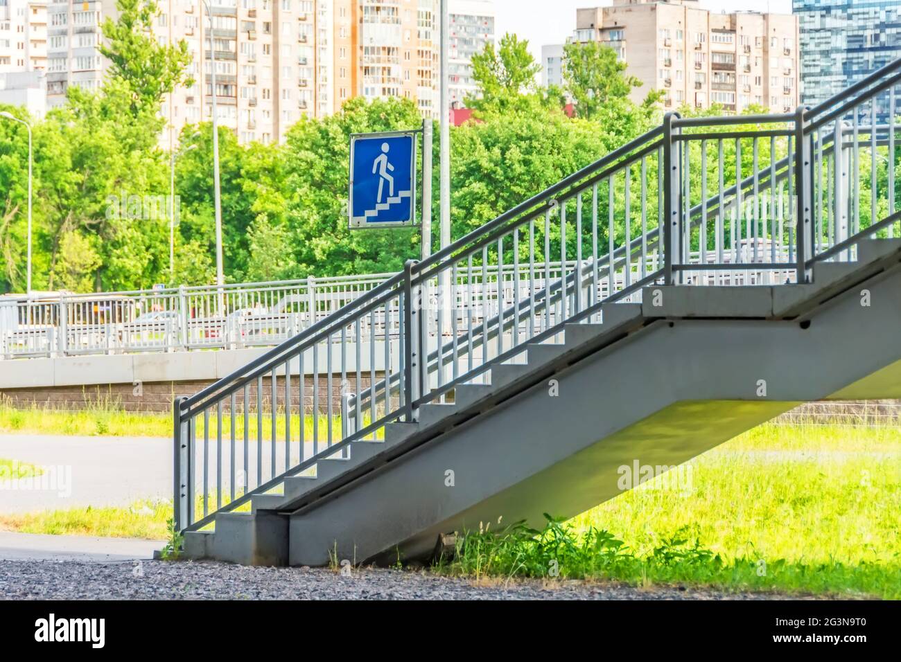 Overhead crossing staircase to bridge and sign in a residential area of ...