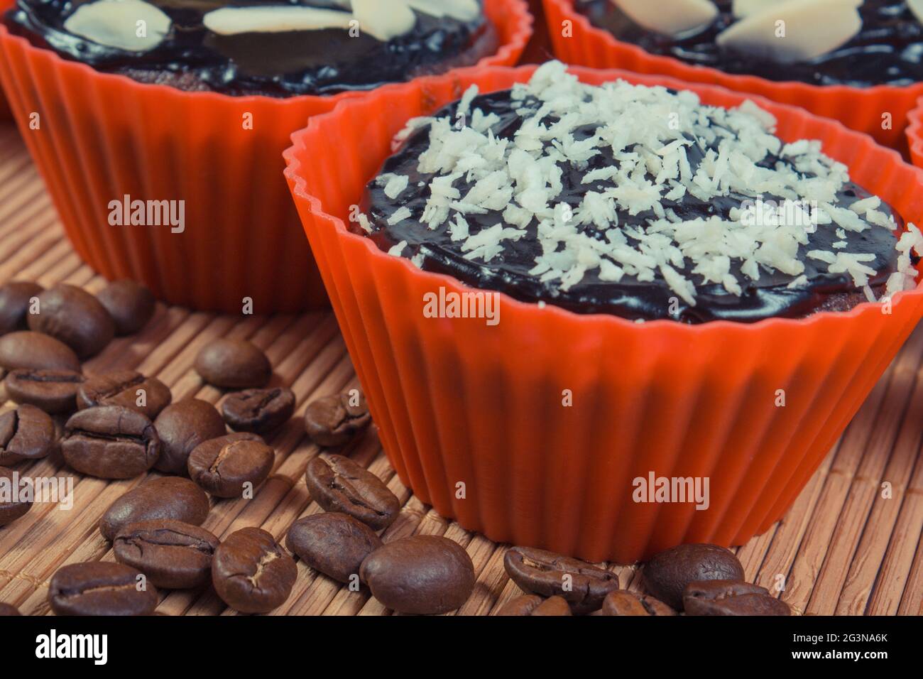 Fresh baked homemade muffins with chocolate, coffee and desiccated ...