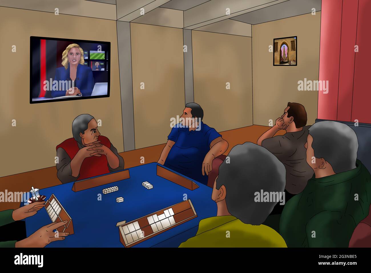 men sitting around a table in a coffee shop and watching tv Stock Photo ...