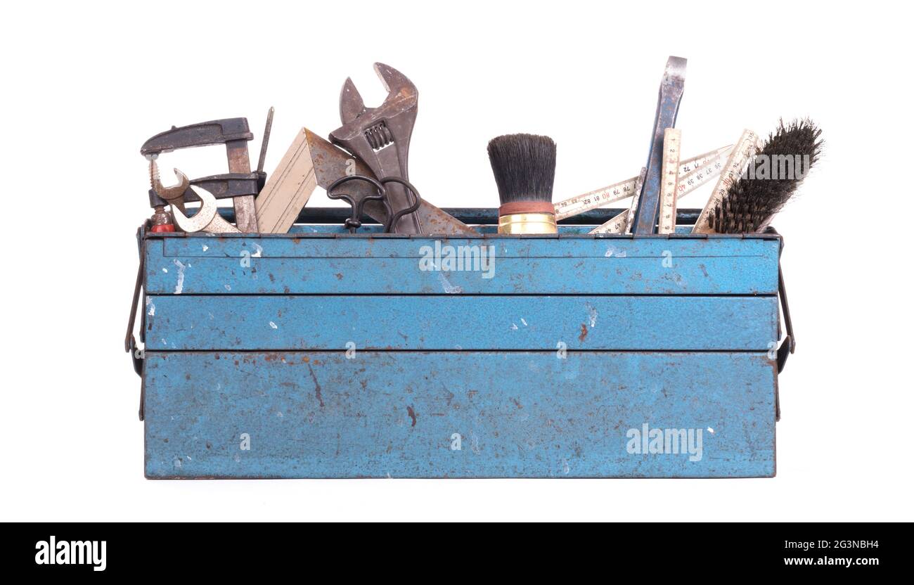 Old toolbox filled with vintage tools Stock Photo - Alamy
