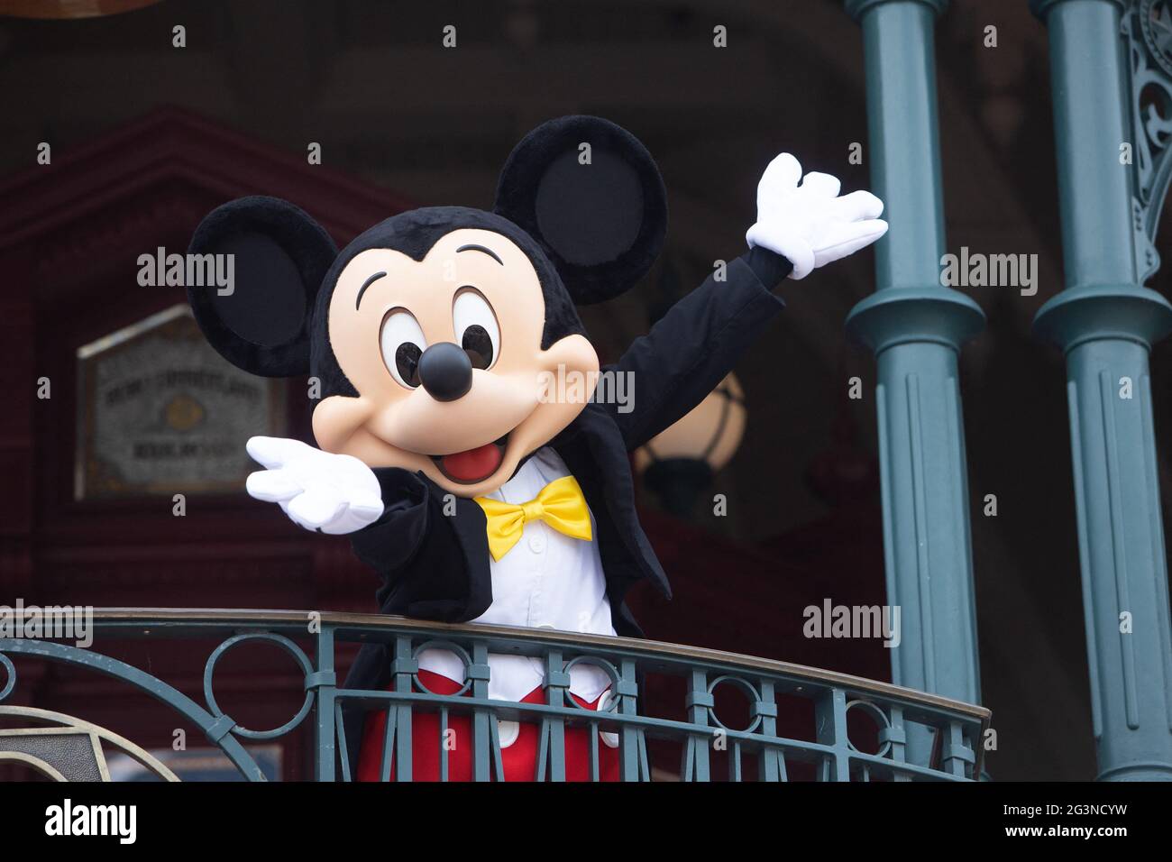 Paris, France. 17th June 2021. Disney characters Mickey Mouse welcome ...