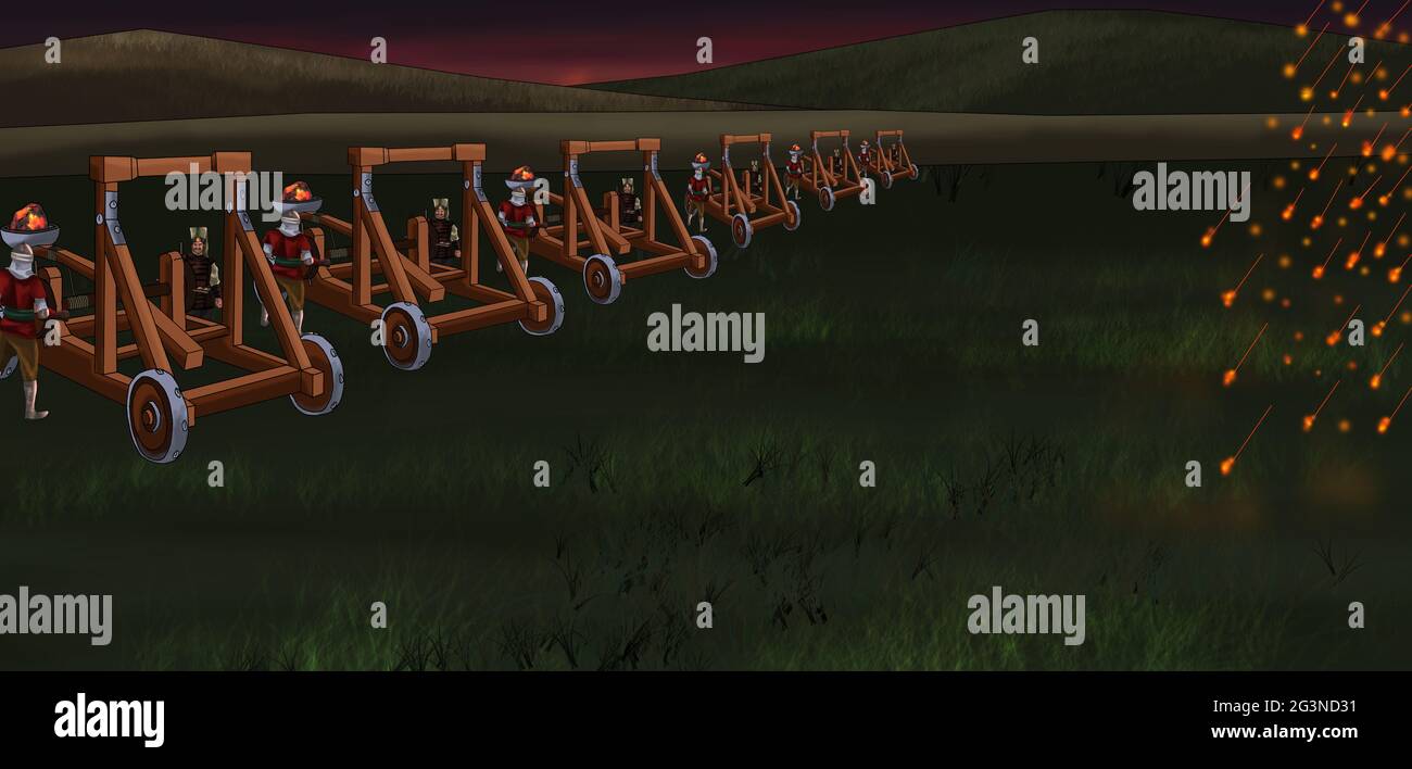 flaming arrows attacking catapults Stock Photo - Alamy