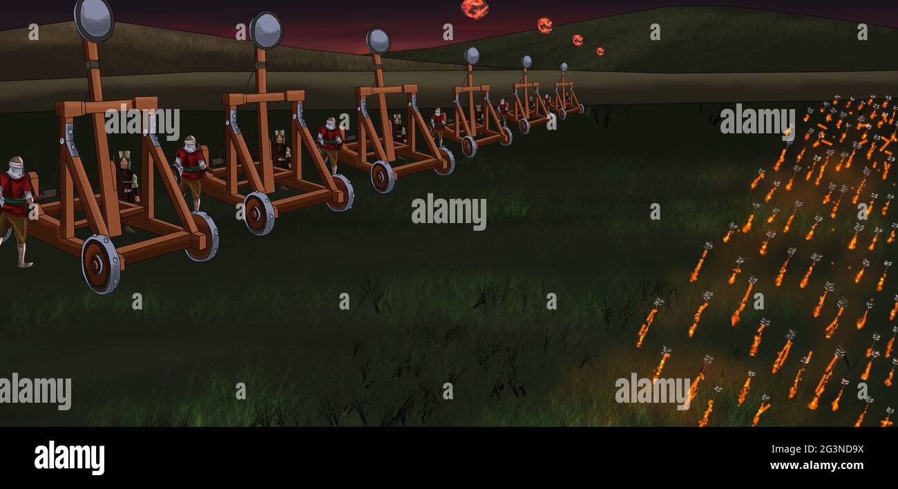 flaming arrows attacking catapults Stock Photo - Alamy